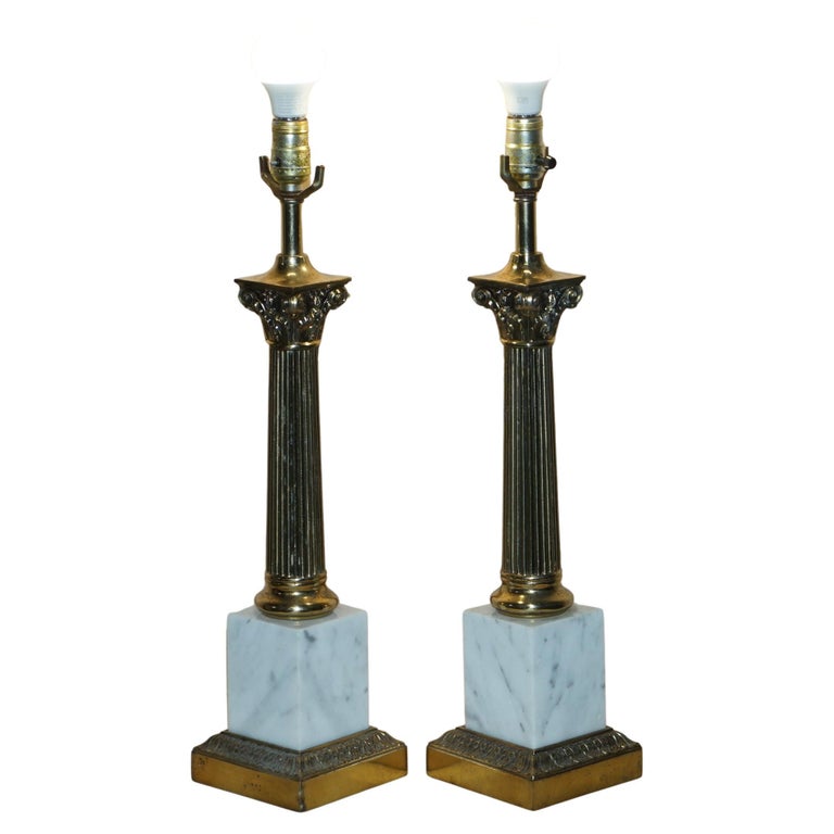 Large Pair of Restored Vintage Roman Corinthian Pillar Marble Brass ...