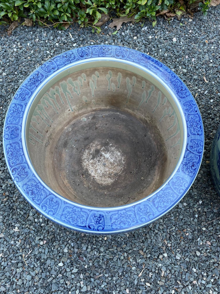 Large Pair of Round Chinese Blue and White Ceramic Planters For Sale at ...