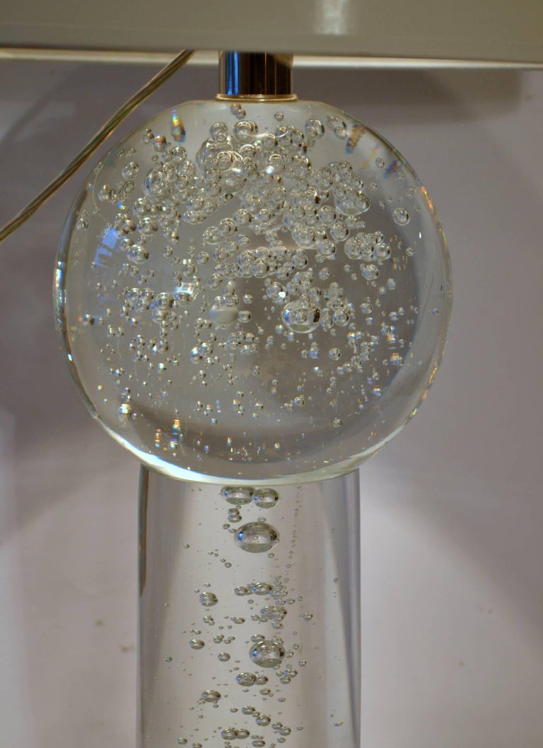 Large Pair of Solid Clear Glass Table Lamps with Air Bubbles and White ...