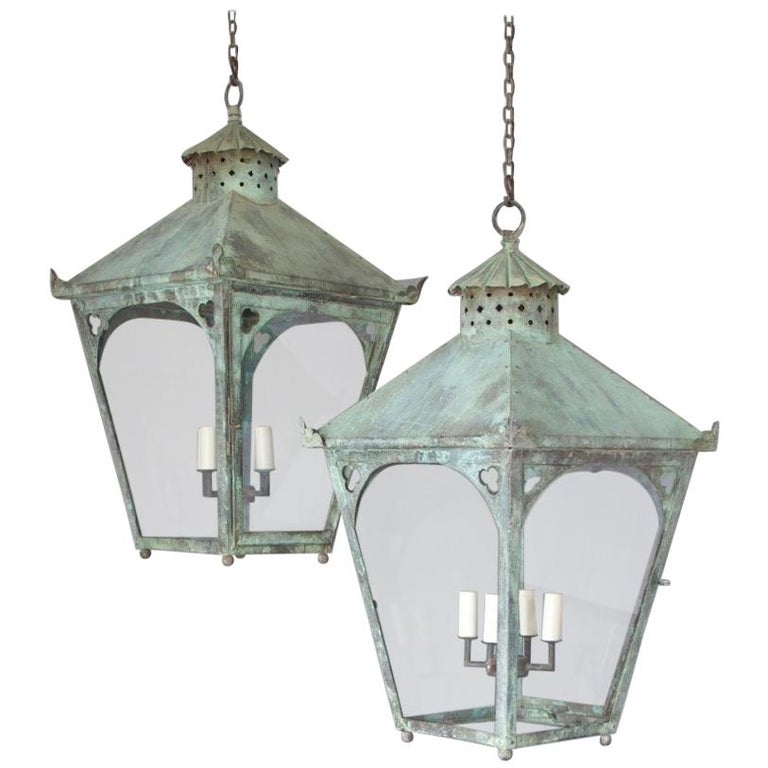 Large Pair of Verdigris Copper Lanterns at 1stDibs