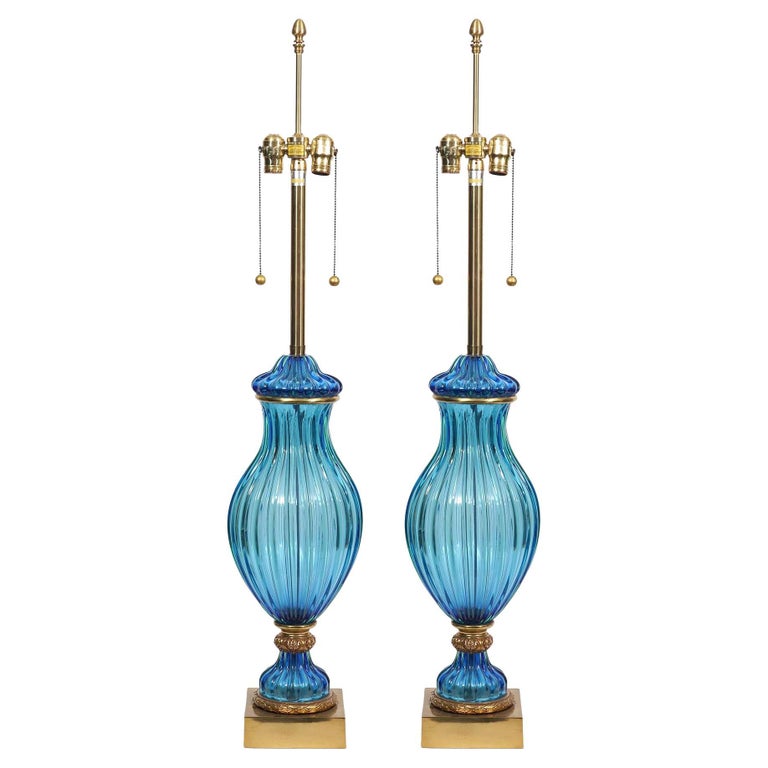 Large Pair of Vintage Blue Murano Glass Lamps, Marbro For Sale at 1stDibs