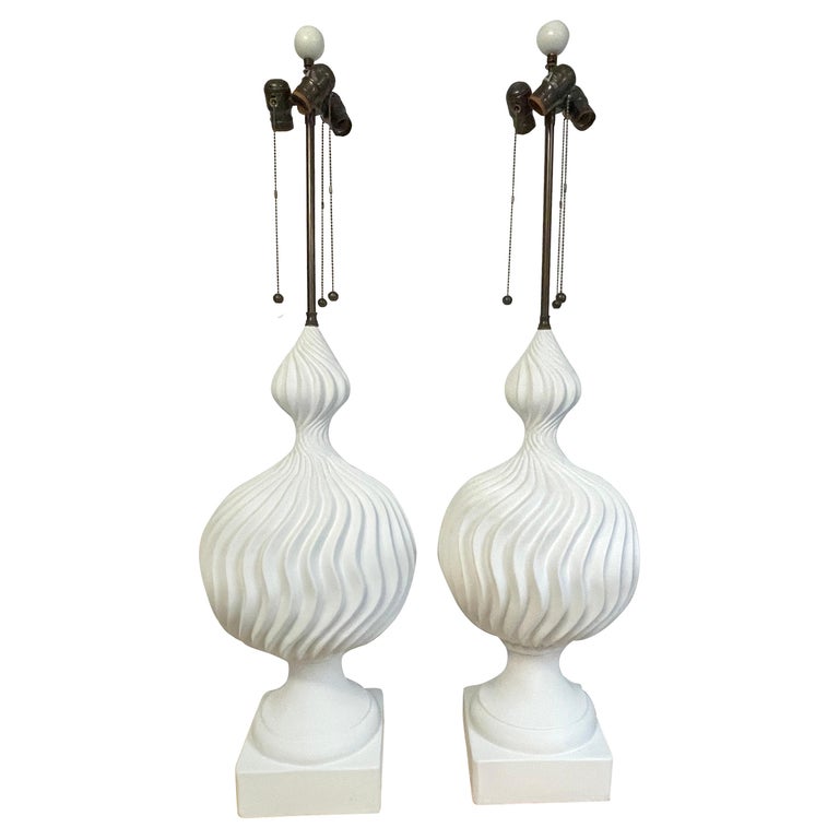 Large Pair of White Lacquered Plaster Sculptural Orb Lamps, by Lang ...