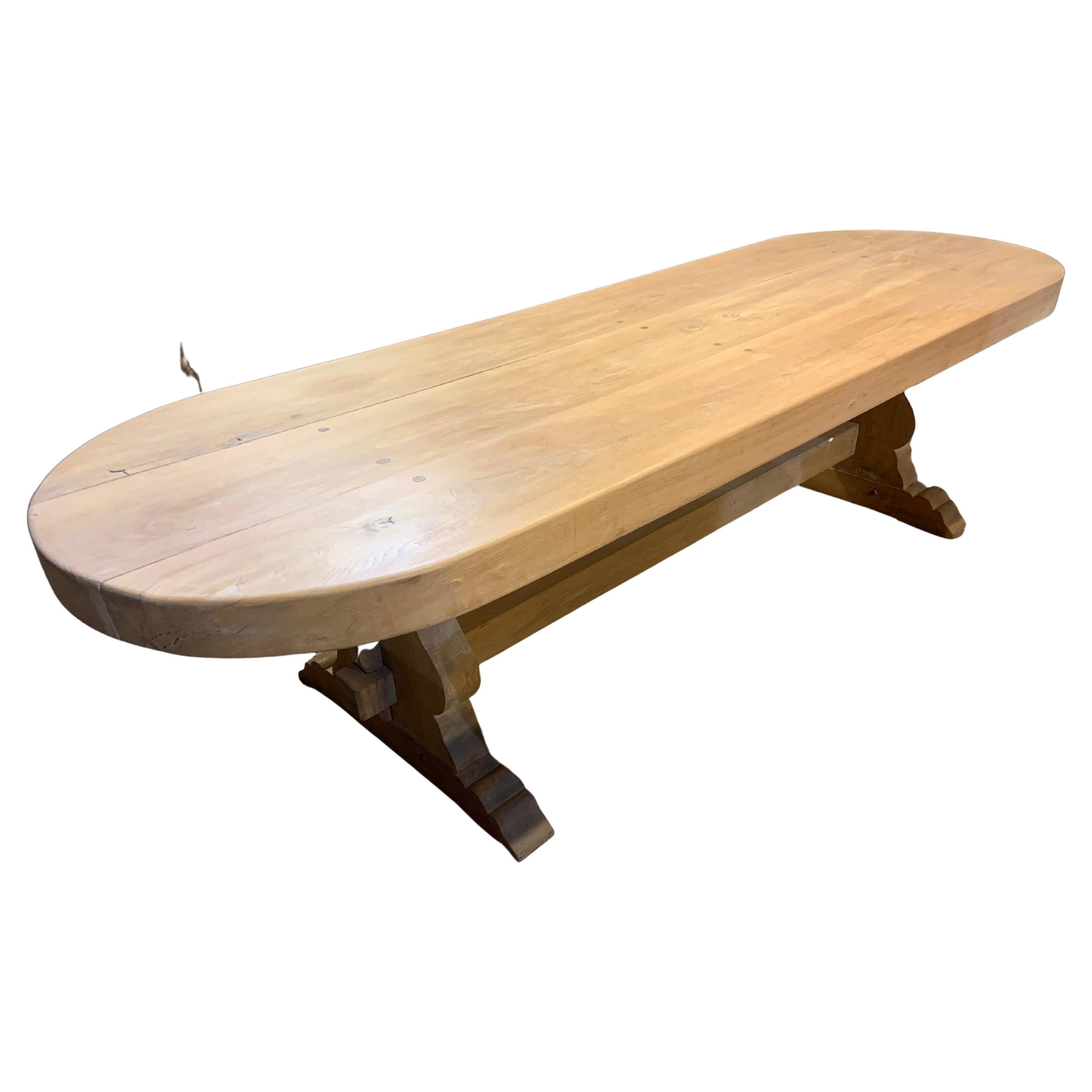 Large Pale Oval Elm Trestle Table at 1stDibs