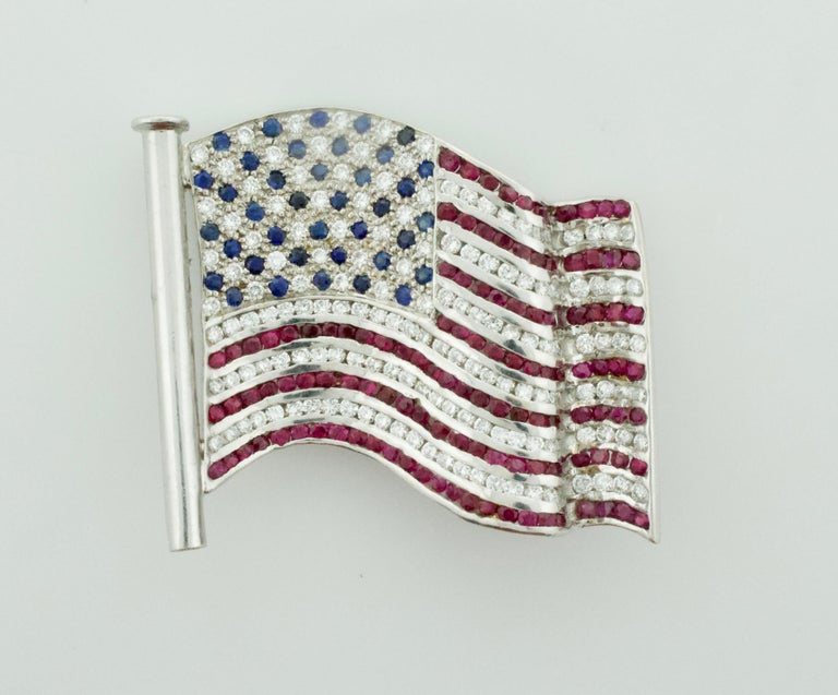 Large Patriotic United States Diamond, Ruby and Sapphire Flag Brooch in ...