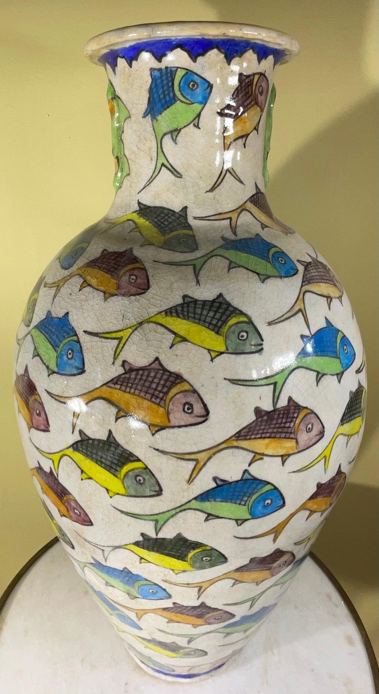 Large Persian Vintage Hand Painted Ceramic Fish Vase For Sale at 1stDibs
