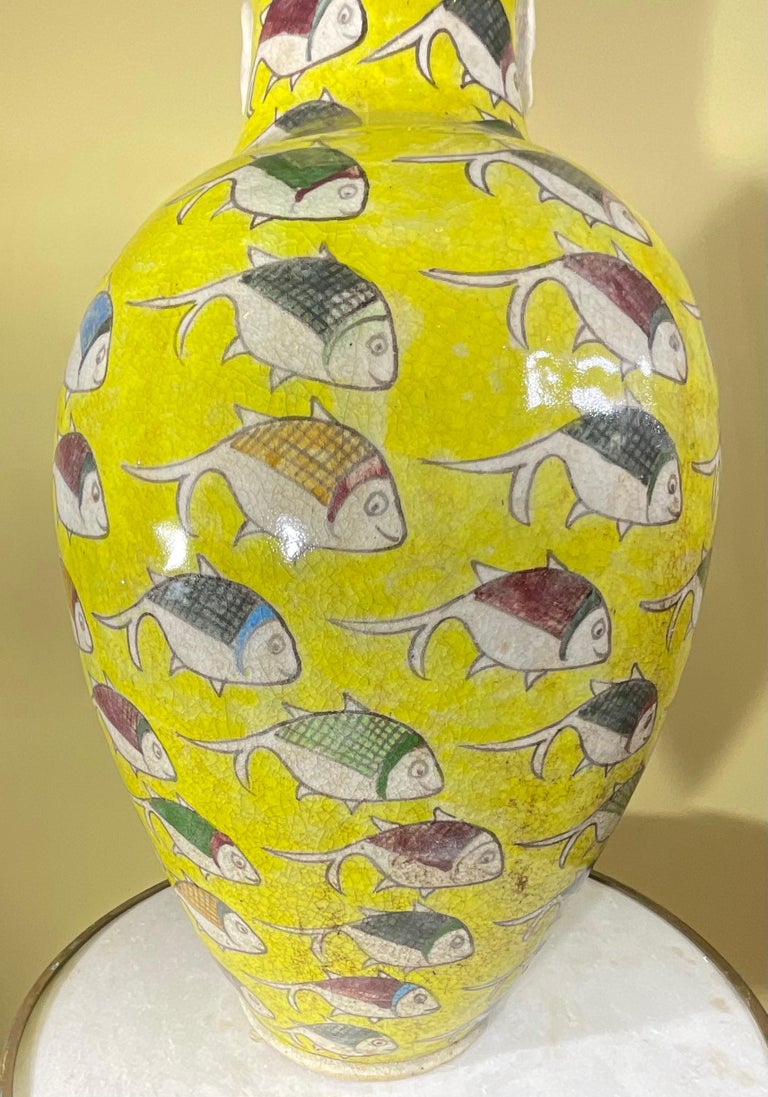 Large Persian Vintage Hand Painted Ceramic Fish Vase For Sale at 1stDibs