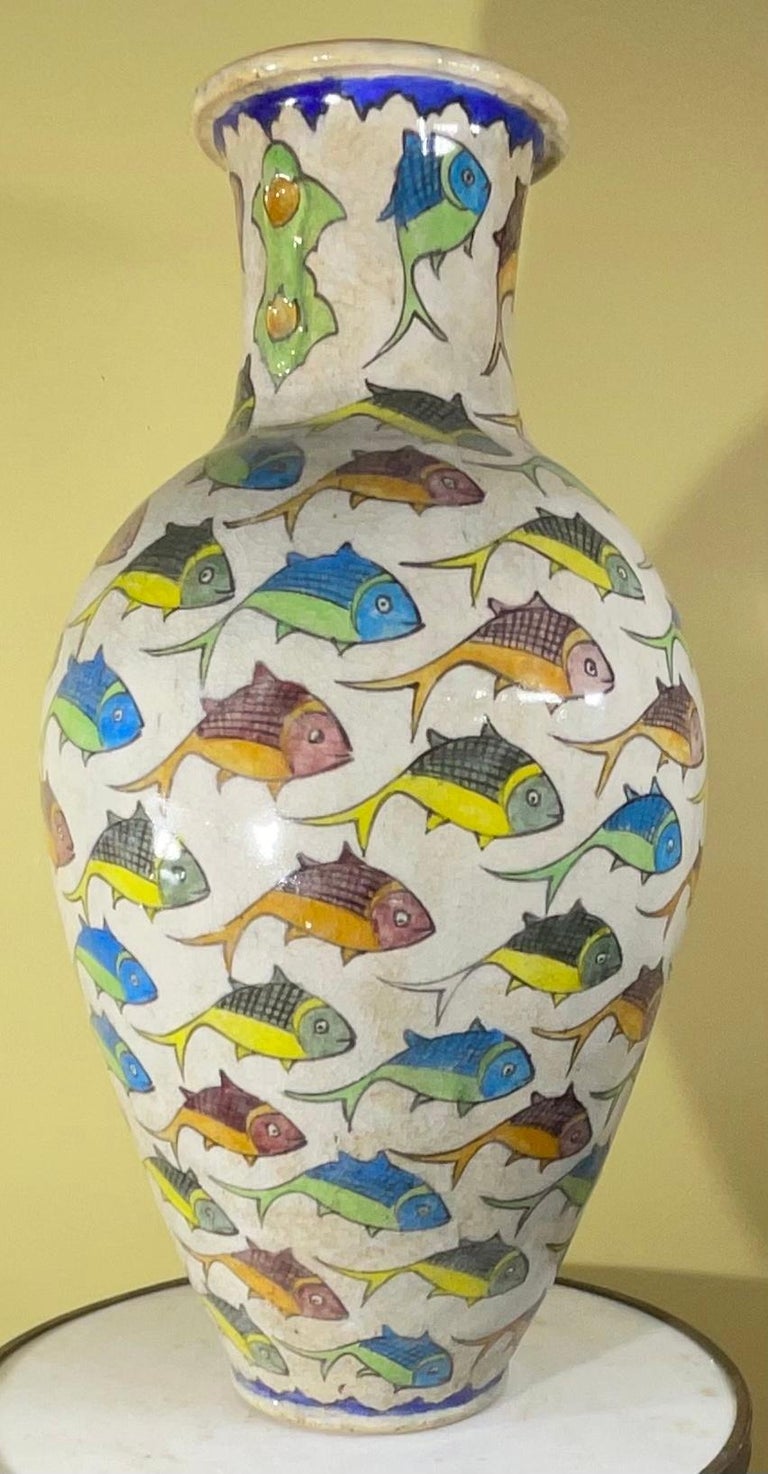 Large Persian Vintage Hand Painted Ceramic Fish Vase For Sale at 1stDibs