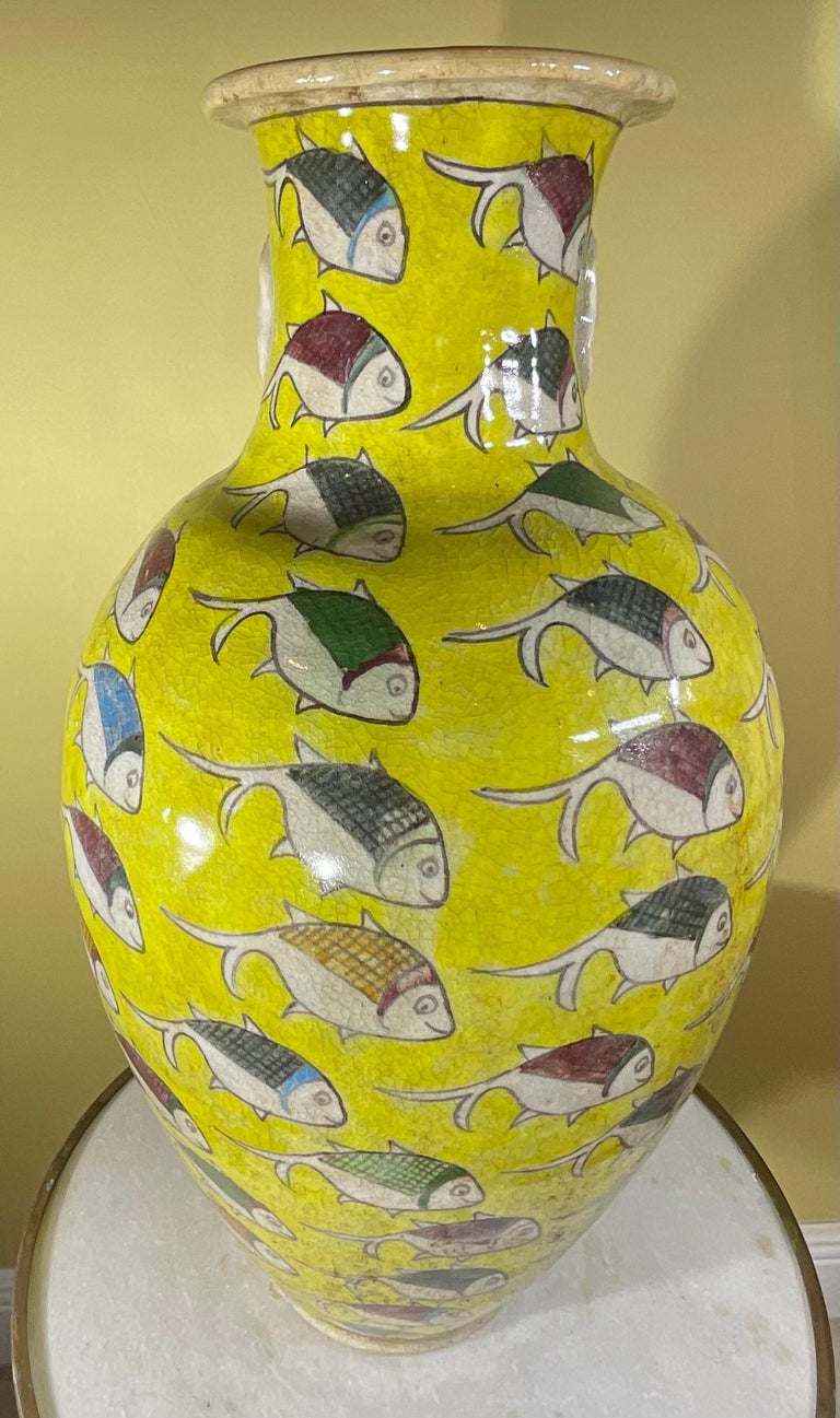 Large Persian Vintage Hand Painted Ceramic Fish Vase For Sale at 1stDibs