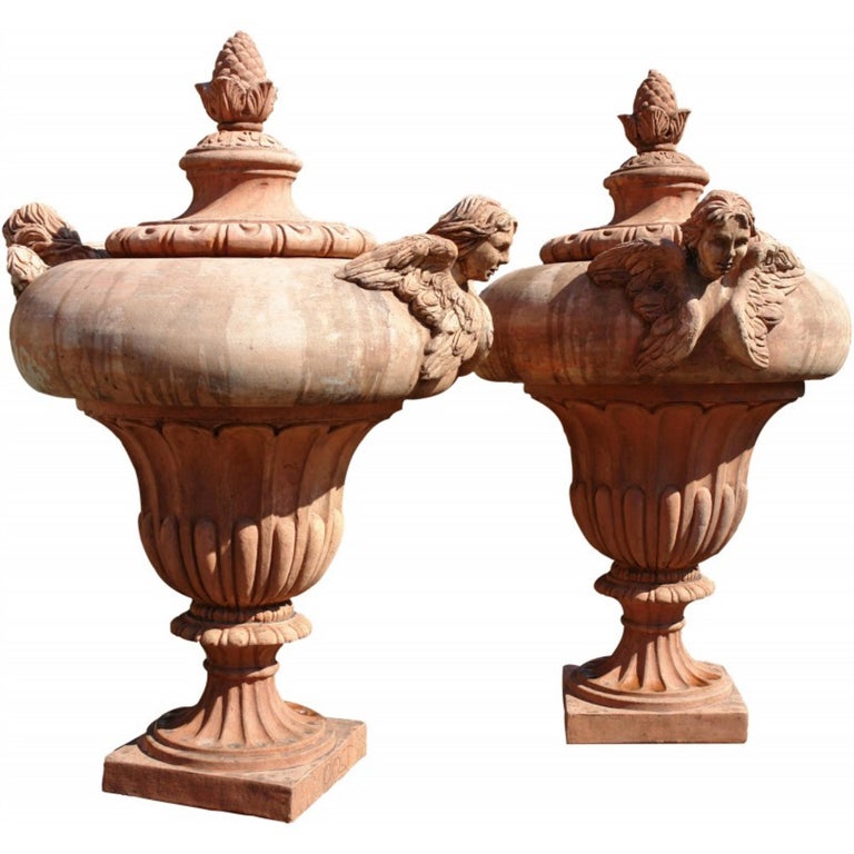 Large Pillar Vase with Angels Front Terracotta, Early 20th Century For ...