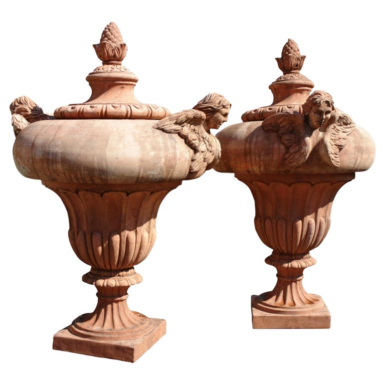 Large Pillar Vase with Angels Front Terracotta, Early 20th Century For ...