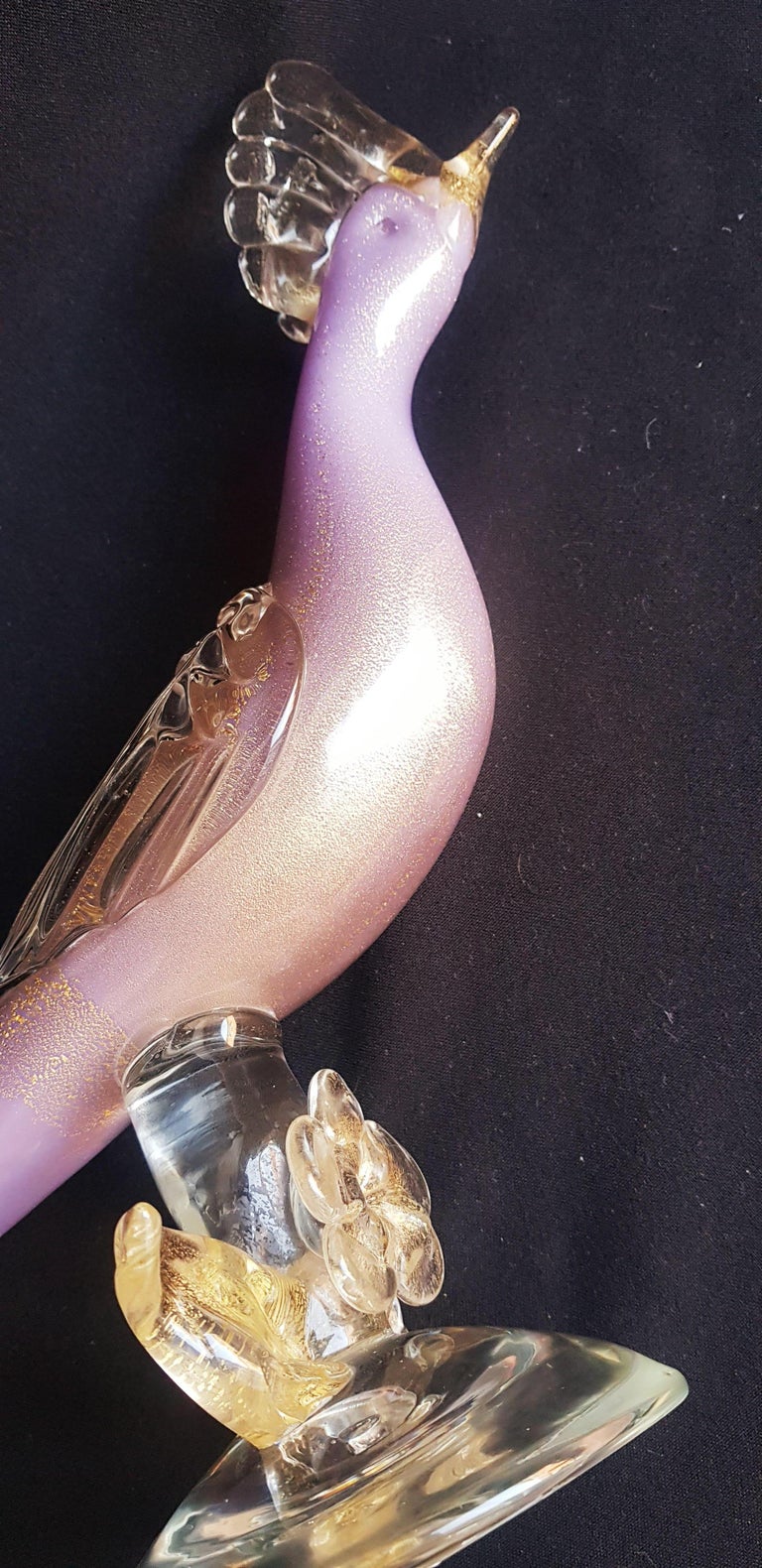 Large pink opal bird with gold leaf by Alfredo Barbini for Cenedese ...