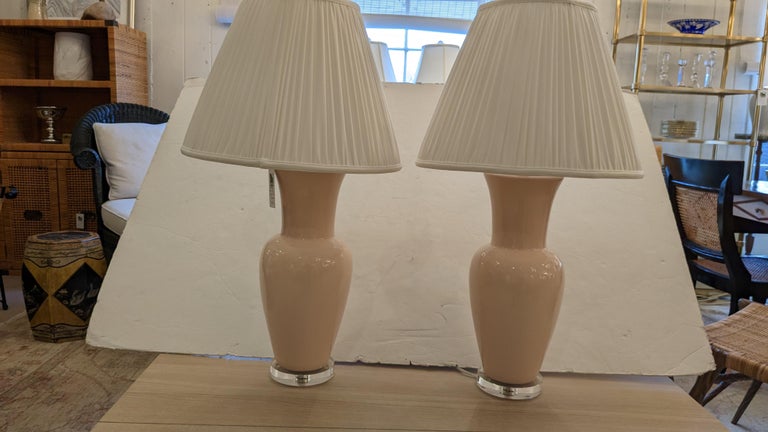 Large Pretty Pair of Light Pink Ceramic Table Lamps For Sale at 1stDibs