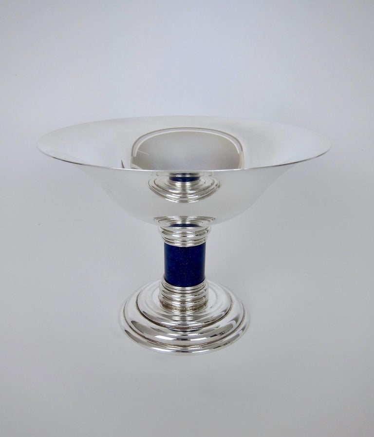 Large Puiforcat French Art Deco Flaring Compote with Faux Lapis Lazuli ...