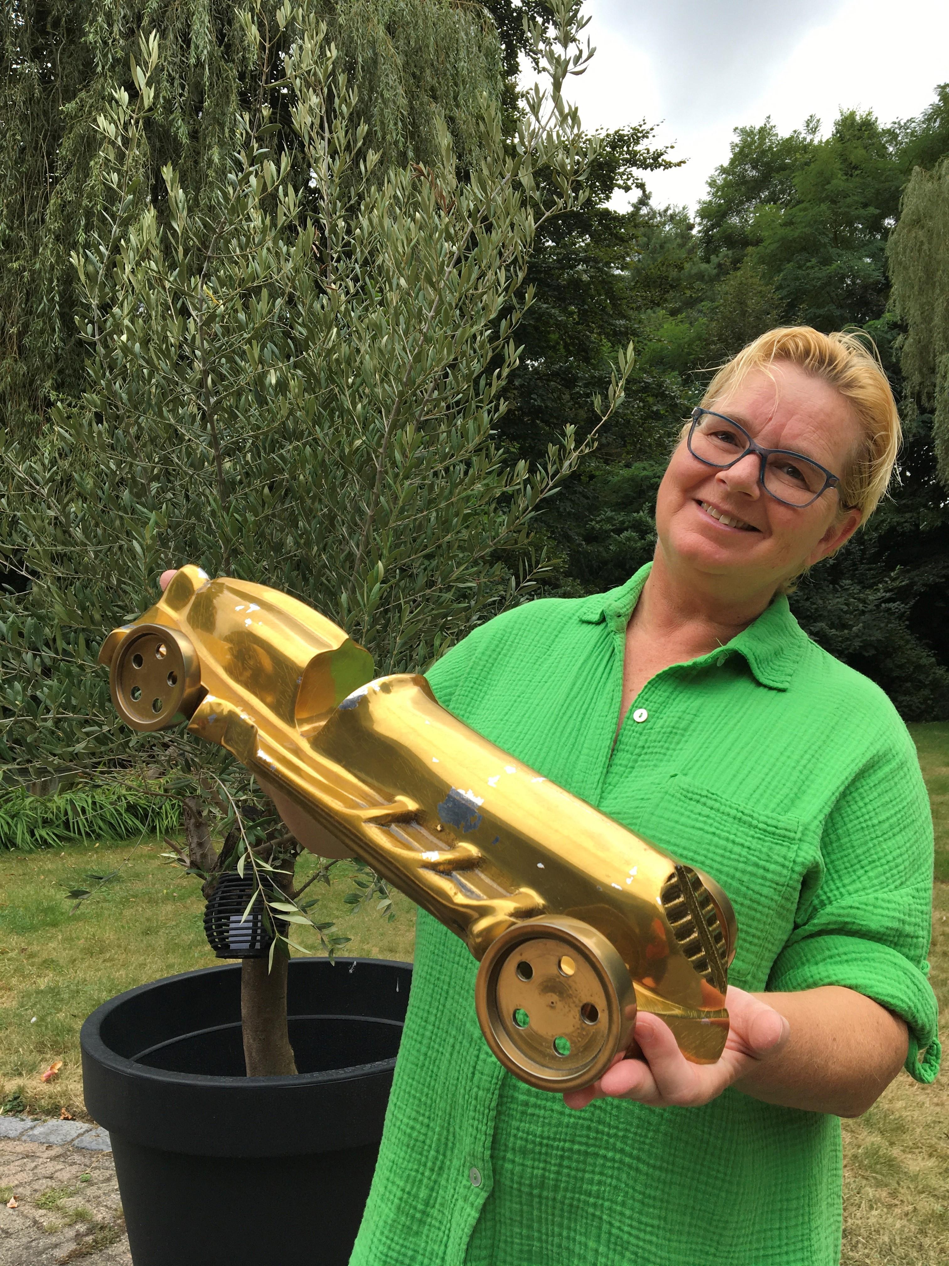 Large Racing Car Model, Polished Aluminium with Gold Finish For Sale at ...