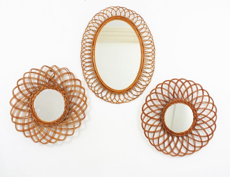 Large Rattan and Bamboo Flower Shaped Oval Mirror, Spain, 1960s at ...