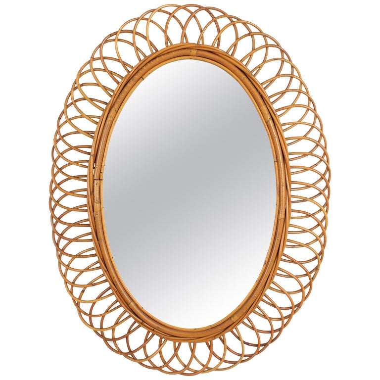 Large Rattan and Bamboo Flower Shaped Oval Mirror, Spain, 1960s at ...