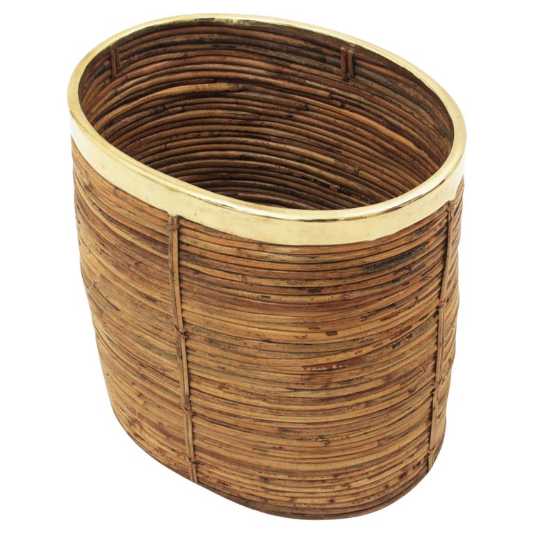 Large Rattan Bamboo Midcentury Oval Planter with Brass Rim, 1960s For ...