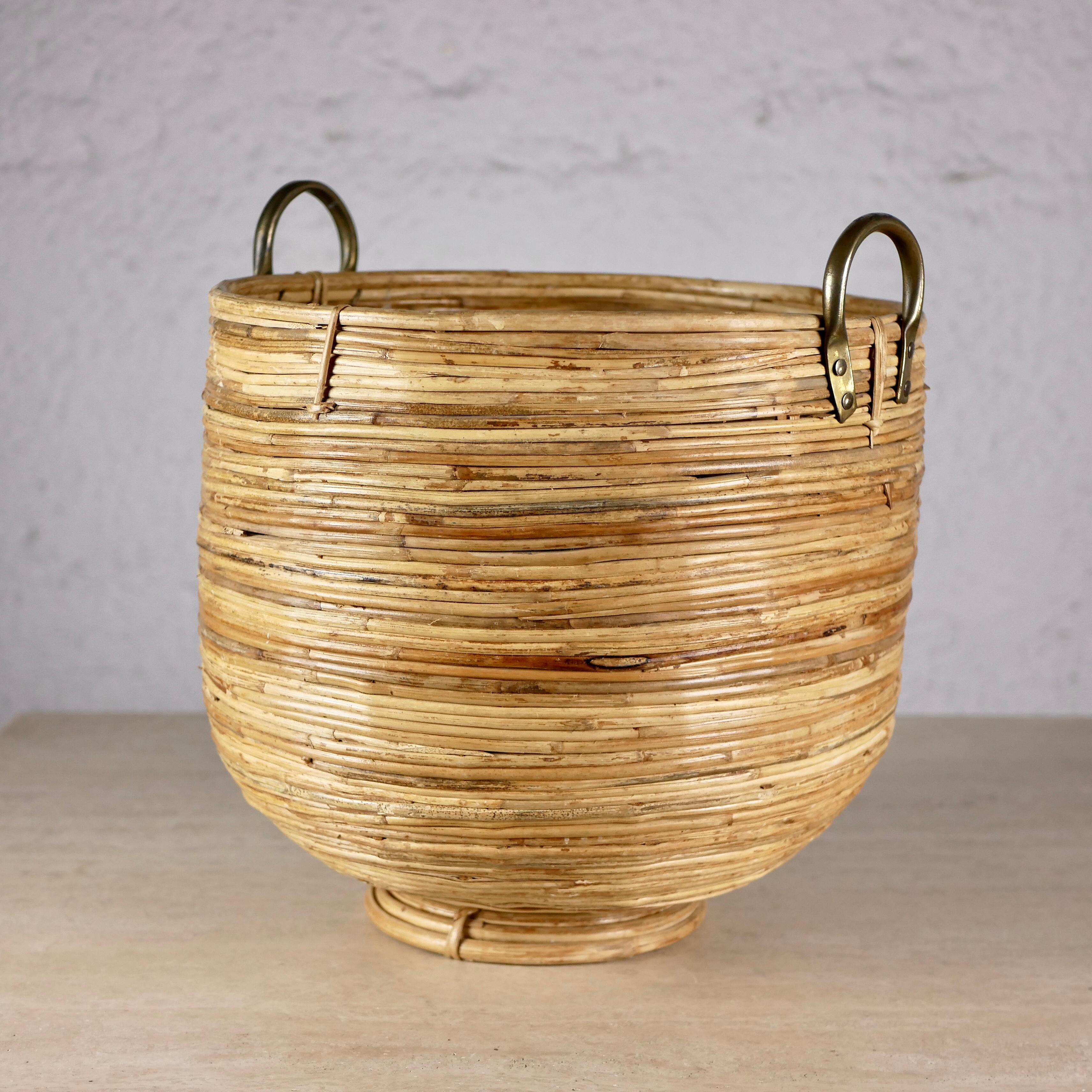 Large Rattan Basket with Brass Handles, 1960s at 1stDibs