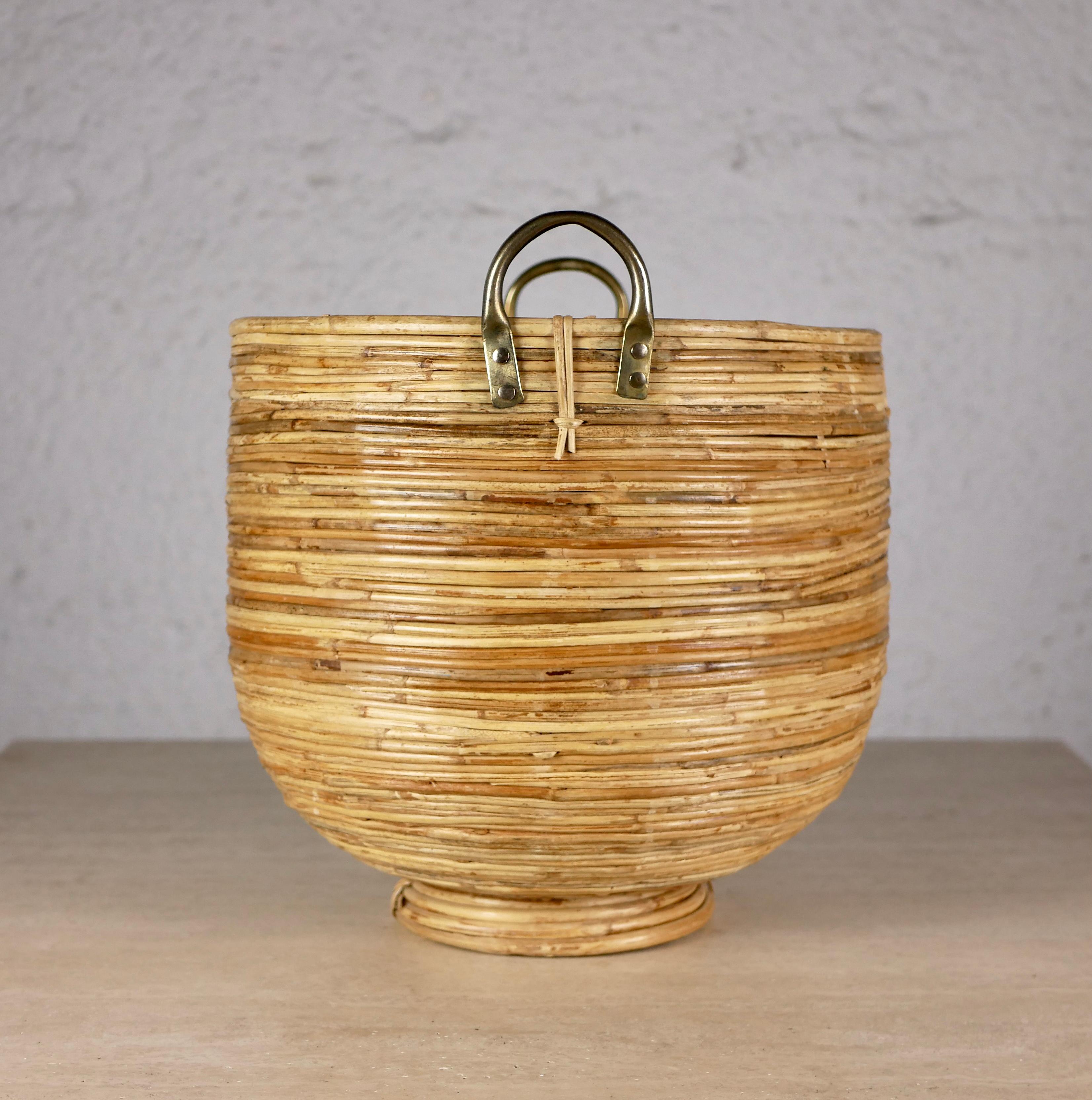 Large Rattan Basket with Brass Handles, 1960s at 1stDibs
