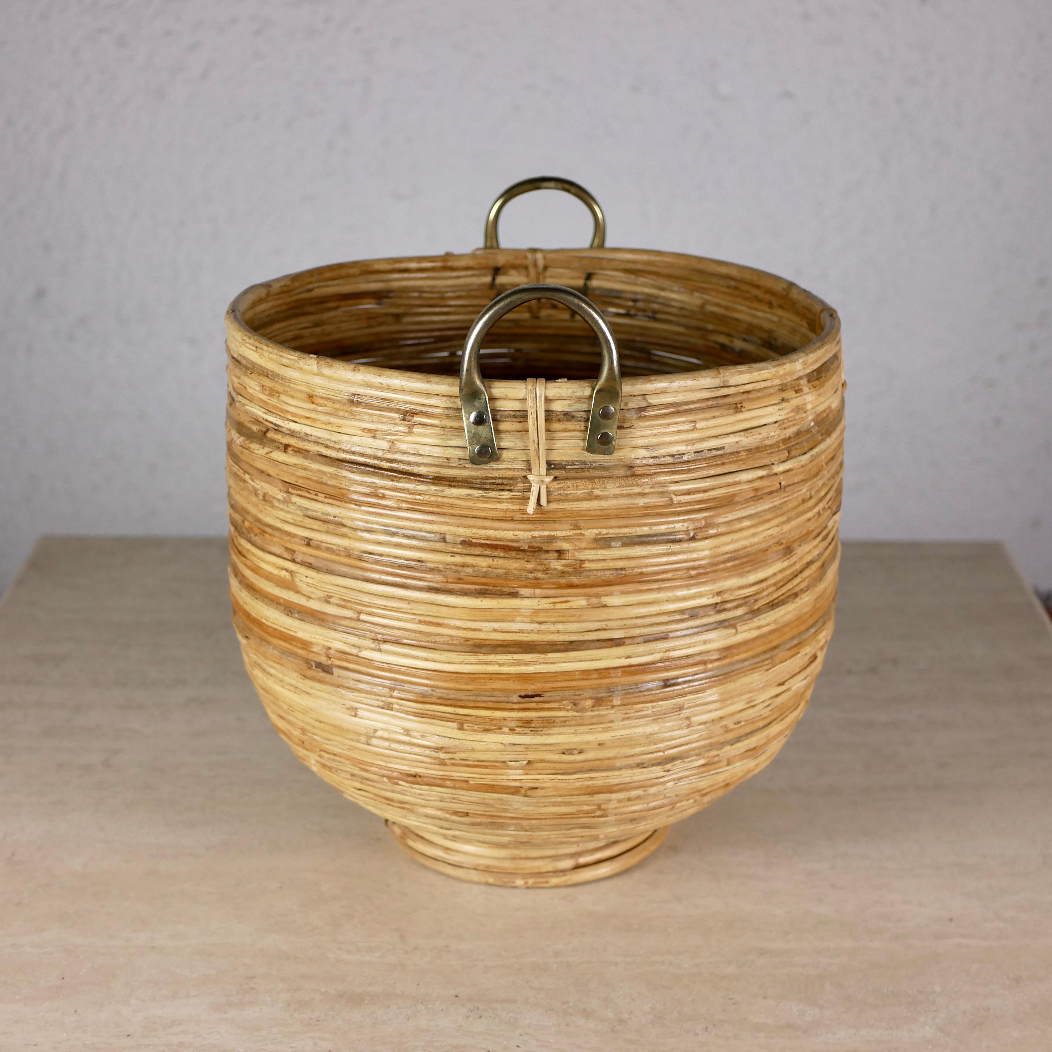 Large Rattan Basket with Brass Handles, 1960s at 1stDibs