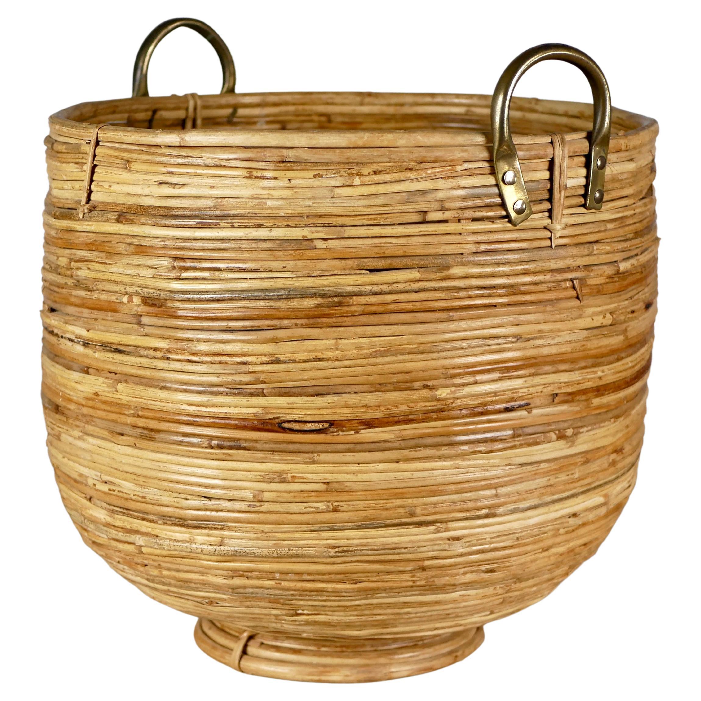 Large Rattan Basket with Brass Handles, 1960s at 1stDibs