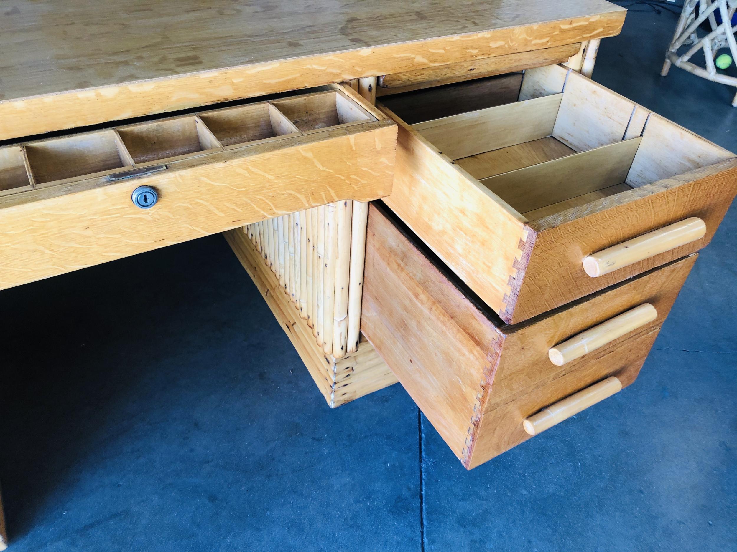 Large Rattan Executive Desk with Stacked Base and Solid Mahogany Top at ...