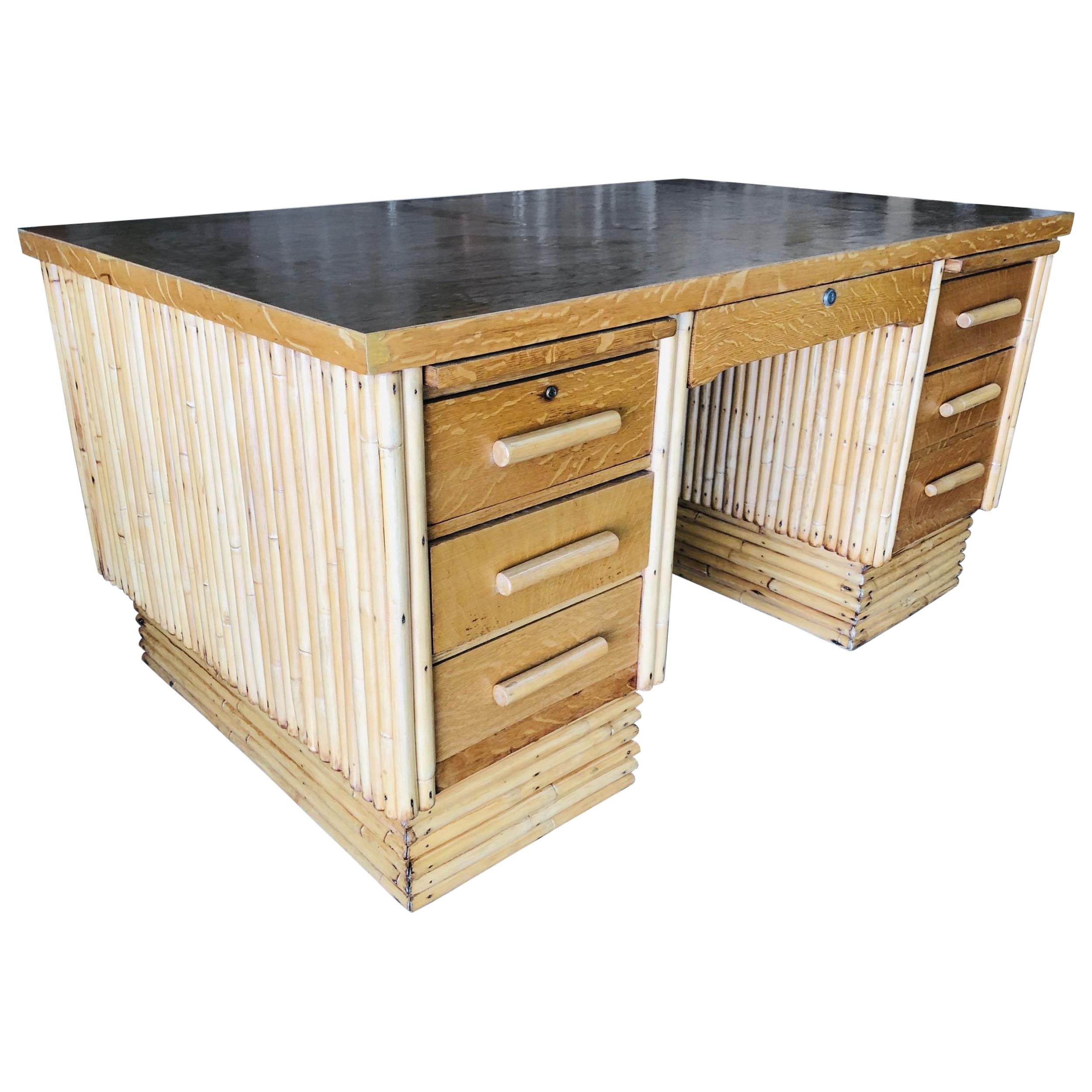 Large Rattan Executive Desk with Stacked Base and Solid Mahogany Top at ...