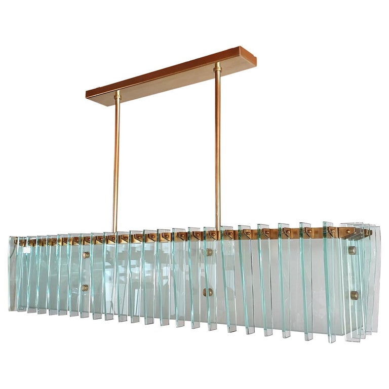 Large Rectangular Mid-Century Modern Glass and Brass Chandelier Attr to ...