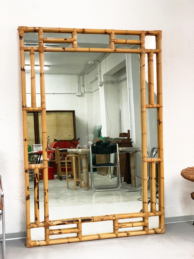 Large Rectangular Mirror with Bamboo and Wicker Structure, Rattan ...