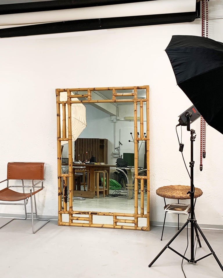 Large Rectangular Mirror with Bamboo and Wicker Structure, Rattan ...