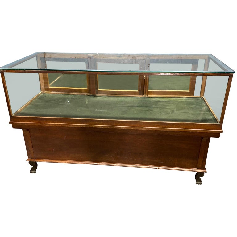 Large Rectangular Oak And Glass Display Case Cabinet On Cast Lion Feet ...