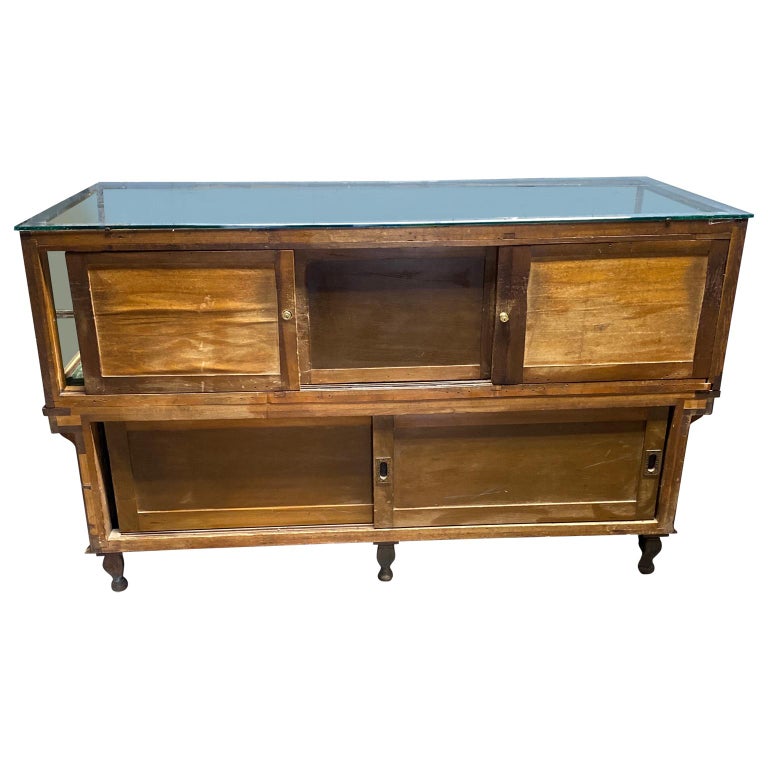 Large Rectangular Oak And Glass Display Case Cabinet On Cast Lion Feet ...