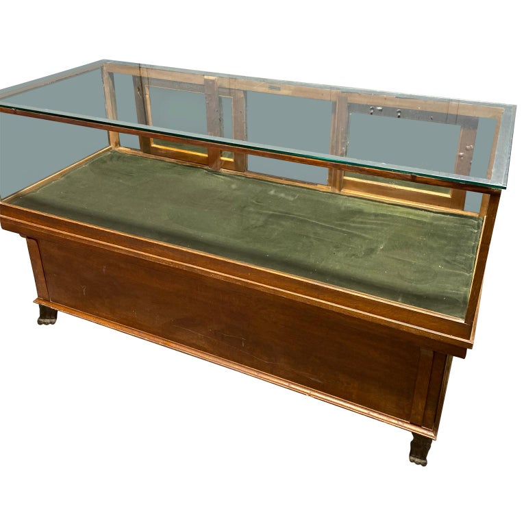 Large Rectangular Oak And Glass Display Case Cabinet On Cast Lion Feet ...