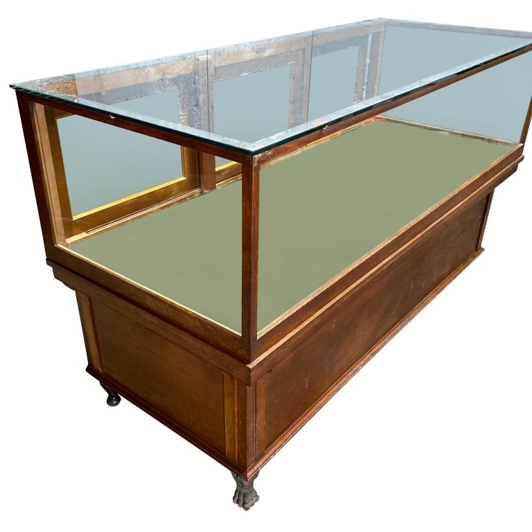 Large Rectangular Oak And Glass Display Case Cabinet On Cast Lion Feet ...