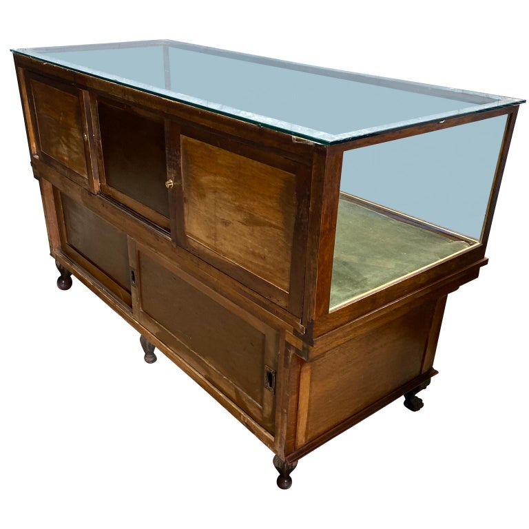 Large Rectangular Oak And Glass Display Case Cabinet On Cast Lion Feet ...