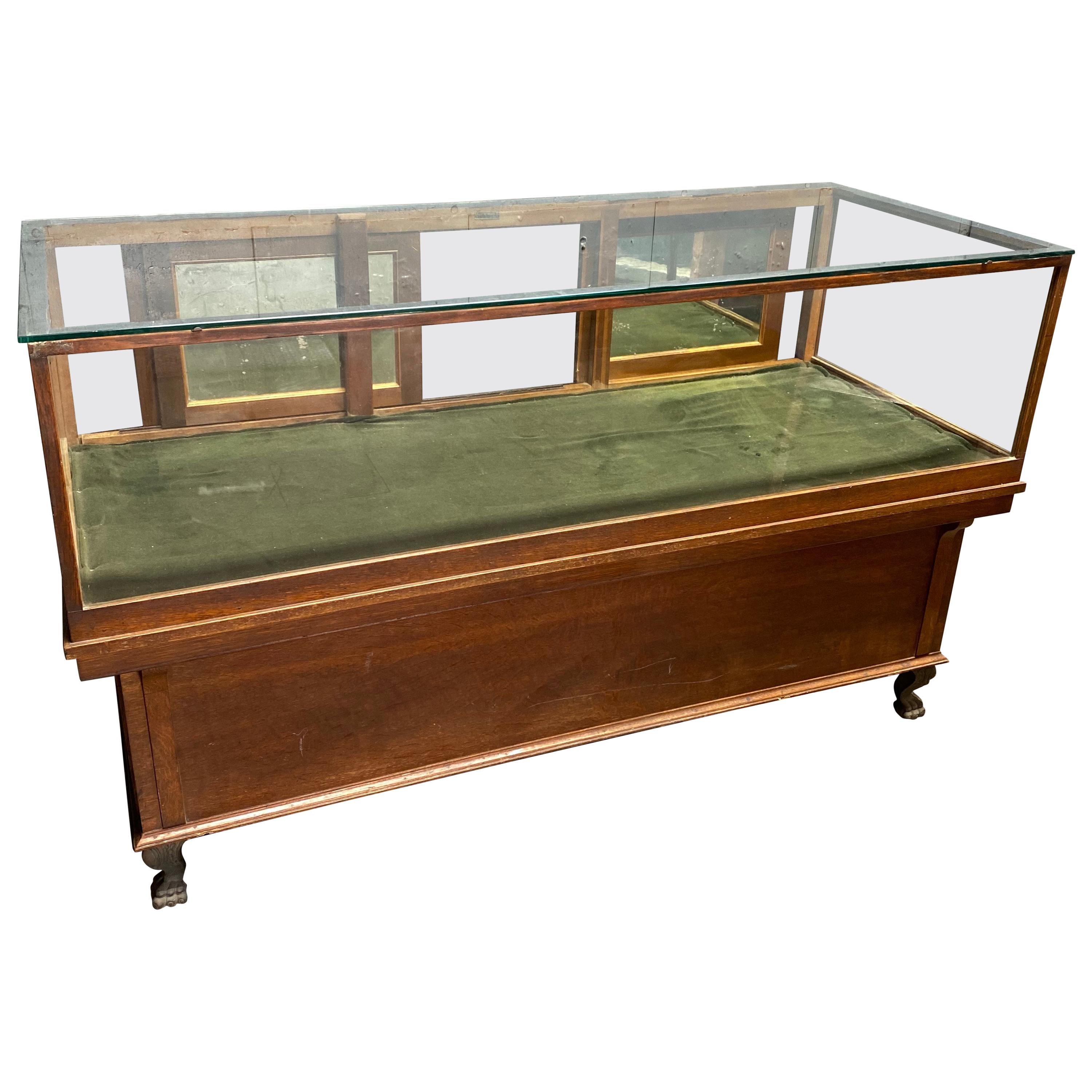 Large Rectangular Oak And Glass Display Case Cabinet On Cast Lion Feet ...