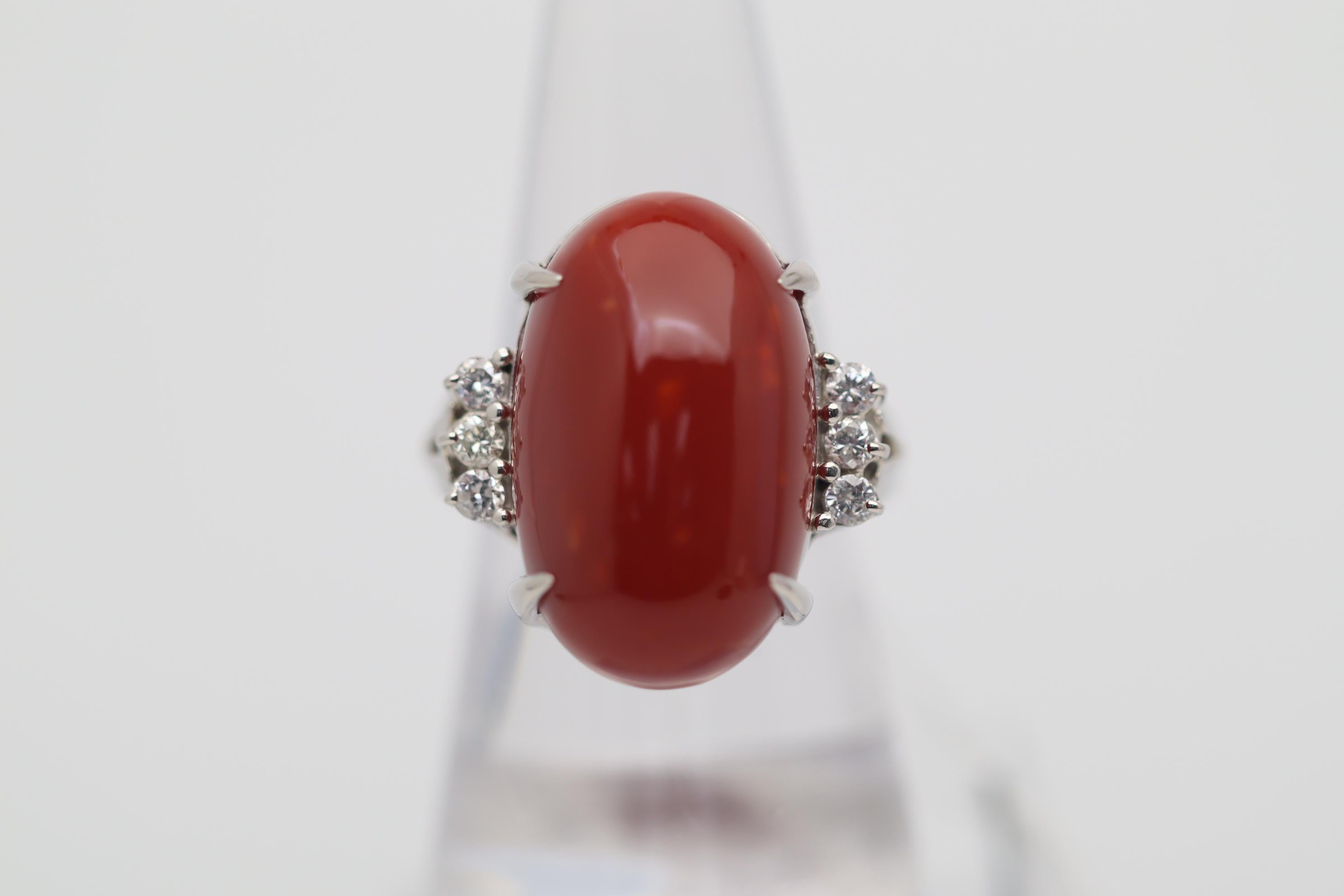 Large Red Coral Diamond Platinum Ring at 1stDibs