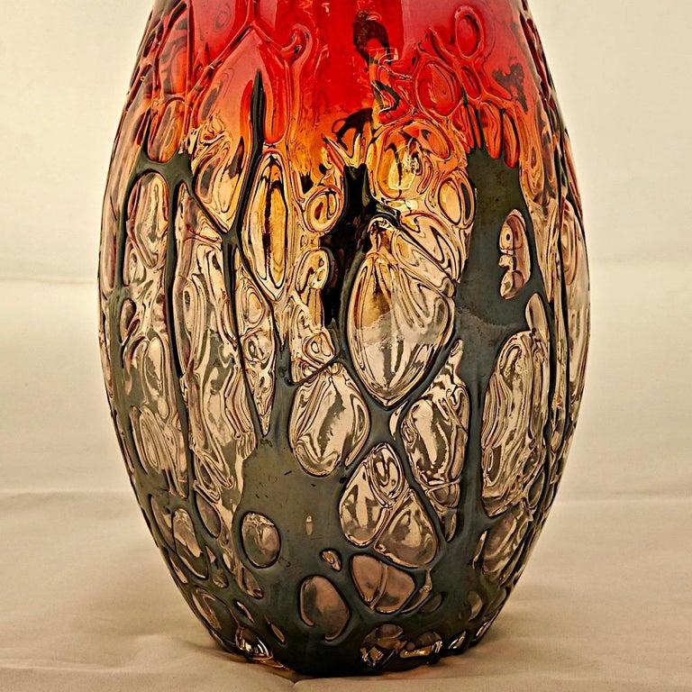 Large Red Grey and Clear Textured and Fluted Glass Vase, circa 1950s ...