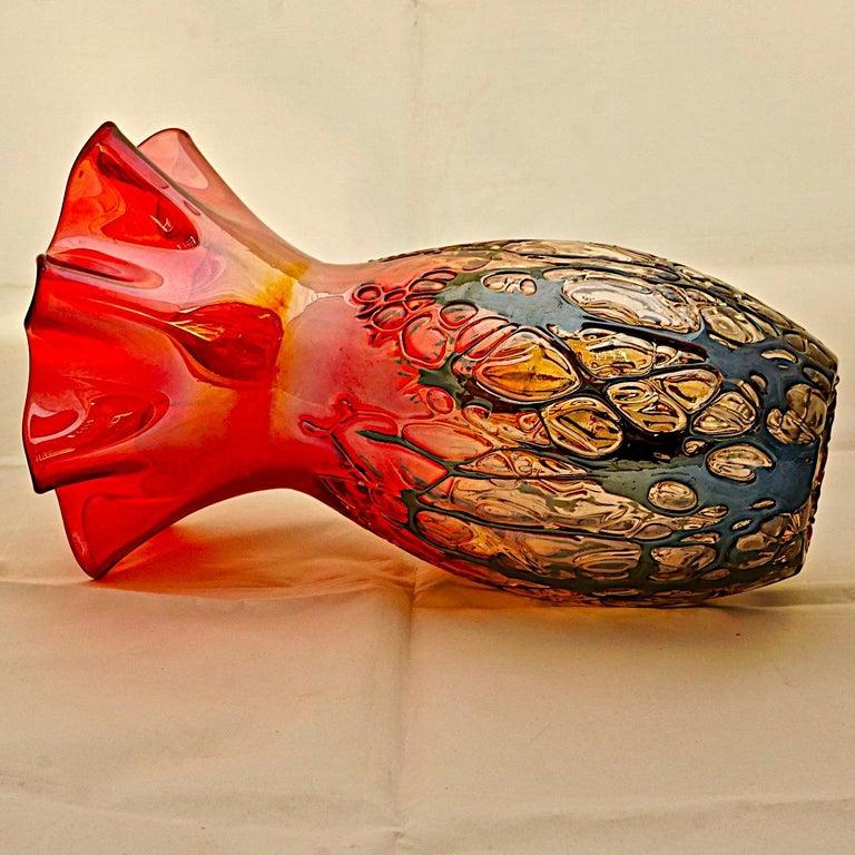 Large Red Grey and Clear Textured and Fluted Glass Vase, circa 1950s ...