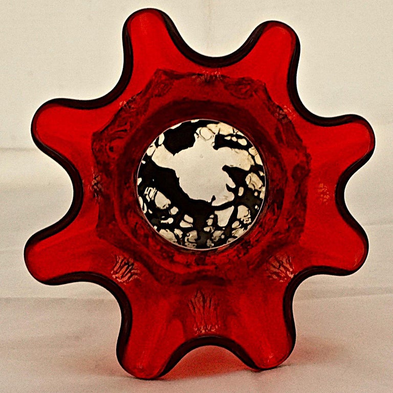 Large Red Grey and Clear Textured and Fluted Glass Vase circa 1950s For ...