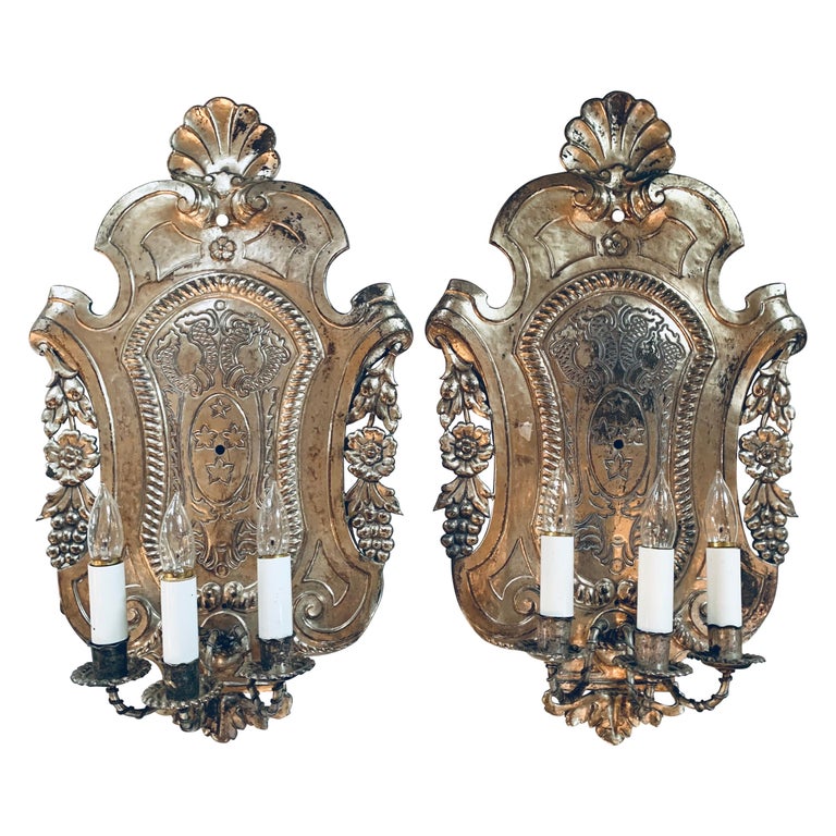 Large Repousse Metal Shieldback Three Light Sconces, Pair For Sale at ...