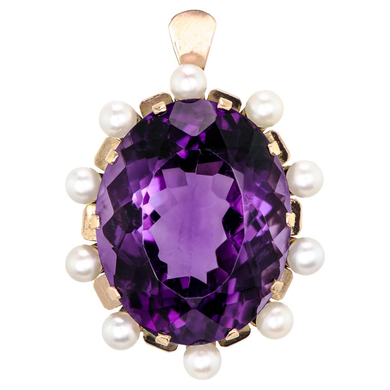 Large Retro Amethyst and Cultured Pearl 14k Rose Gold Pendant For Sale ...