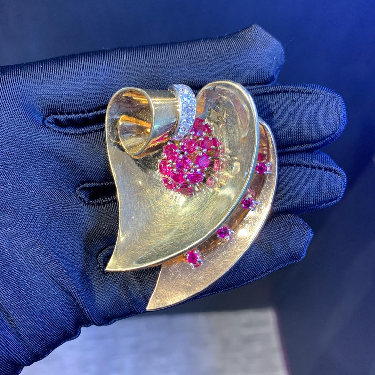 Large Retro Ruby and Diamond Leaf Brooch For Sale at 1stDibs