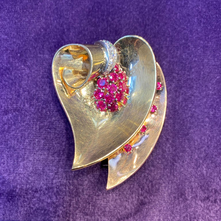 Large Retro Ruby and Diamond Leaf Brooch For Sale at 1stDibs