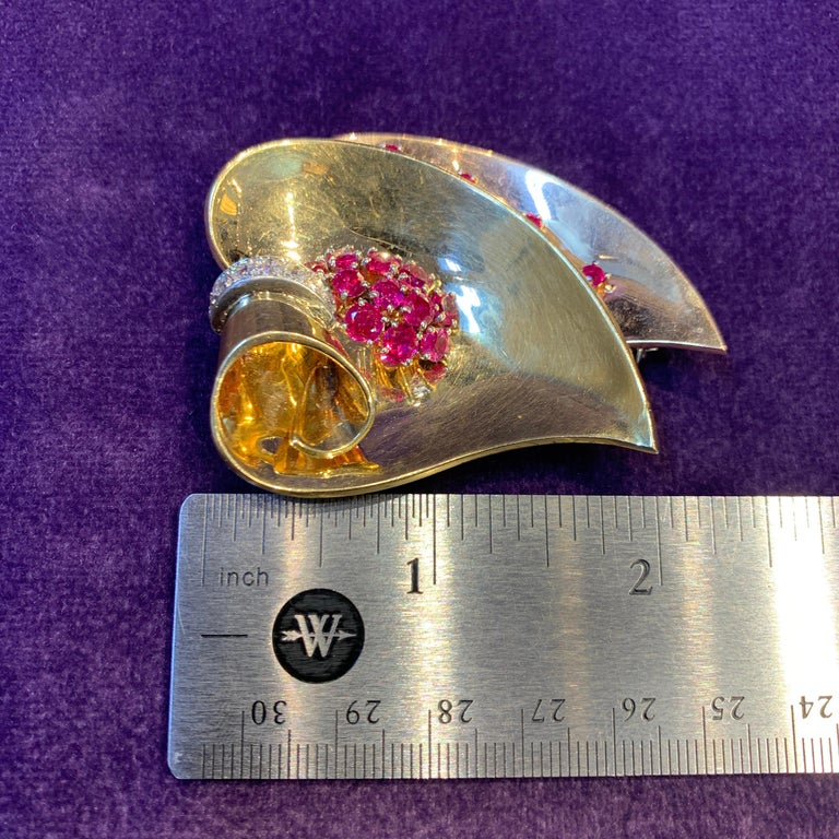 Large Retro Ruby and Diamond Leaf Brooch For Sale at 1stDibs