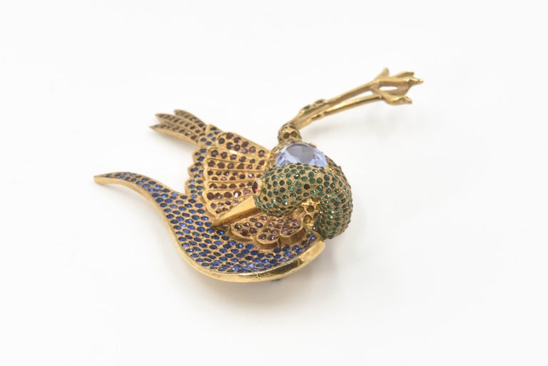 Large Rhinestone Crane Bird Gold Plated Brooch For Sale at 1stDibs