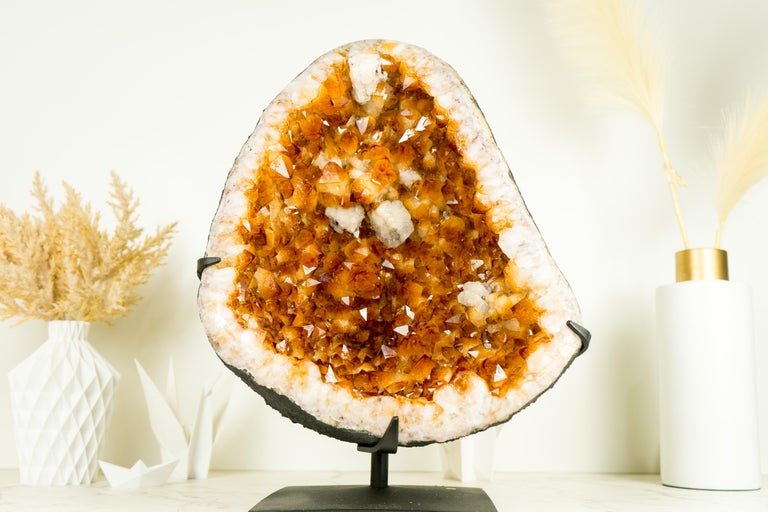 Large Rich Yellow Citrine Geode on Stand with a Delicate Flower For ...