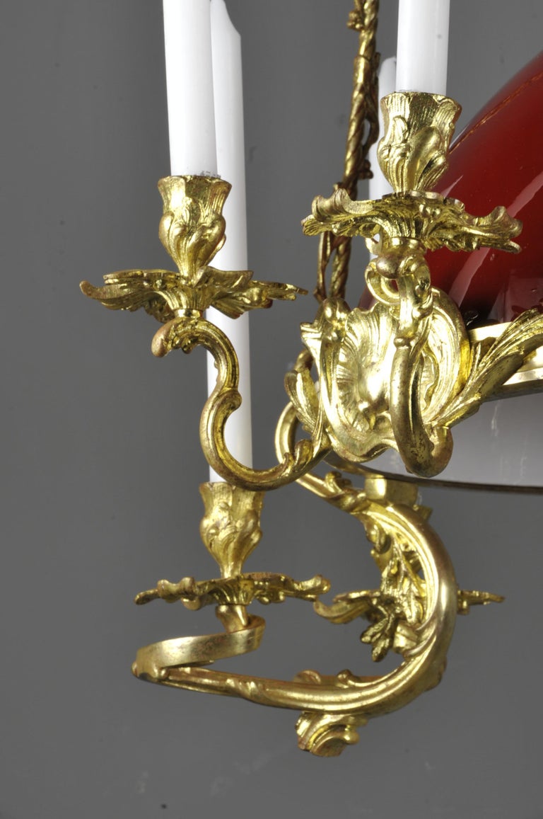 Large Rocaille Style Chandelier in Gilt Bronze with Red Opaline For ...