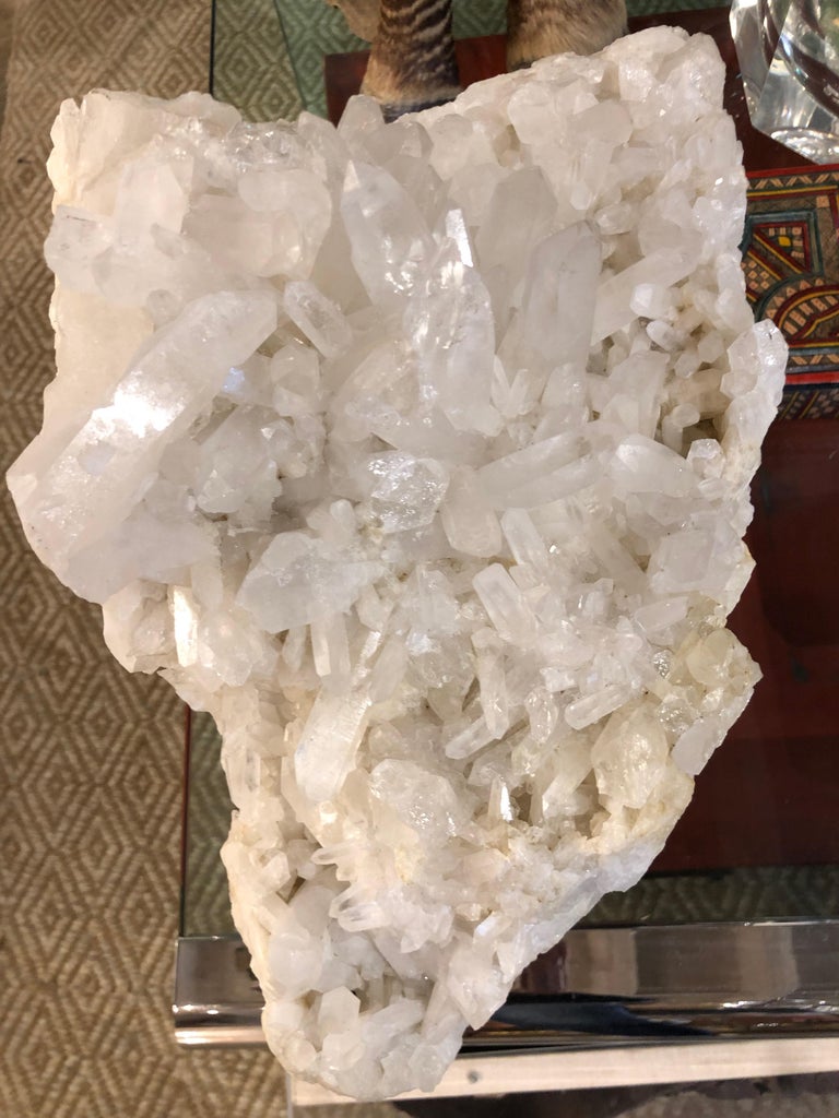 Large Rock Crystal Cluster on Brass and Wood Plinth at 1stDibs