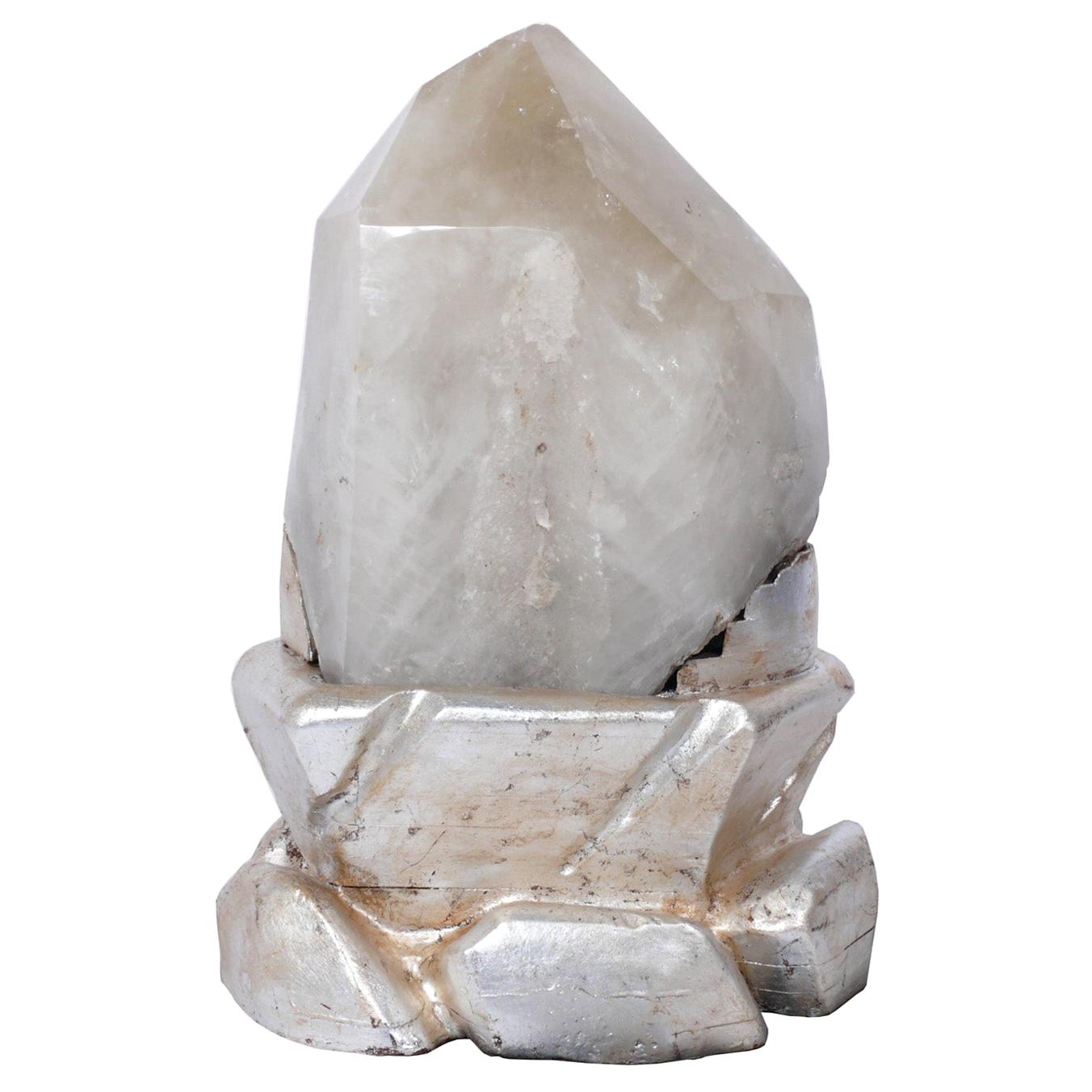 Large Rock Quartz Crystal on Silver Leaf Stand in the Manner of Serge ...